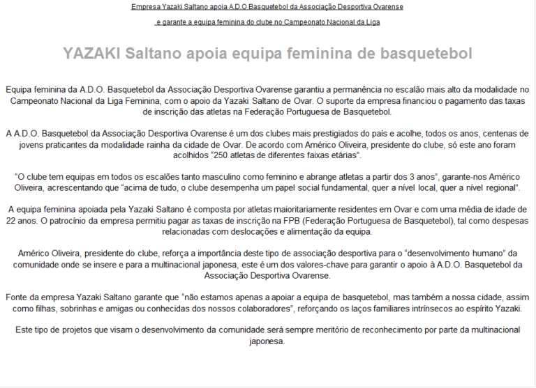 Yazaki Saltano apoia equipa feminina de basquetebol da Ovarense - OvarNews